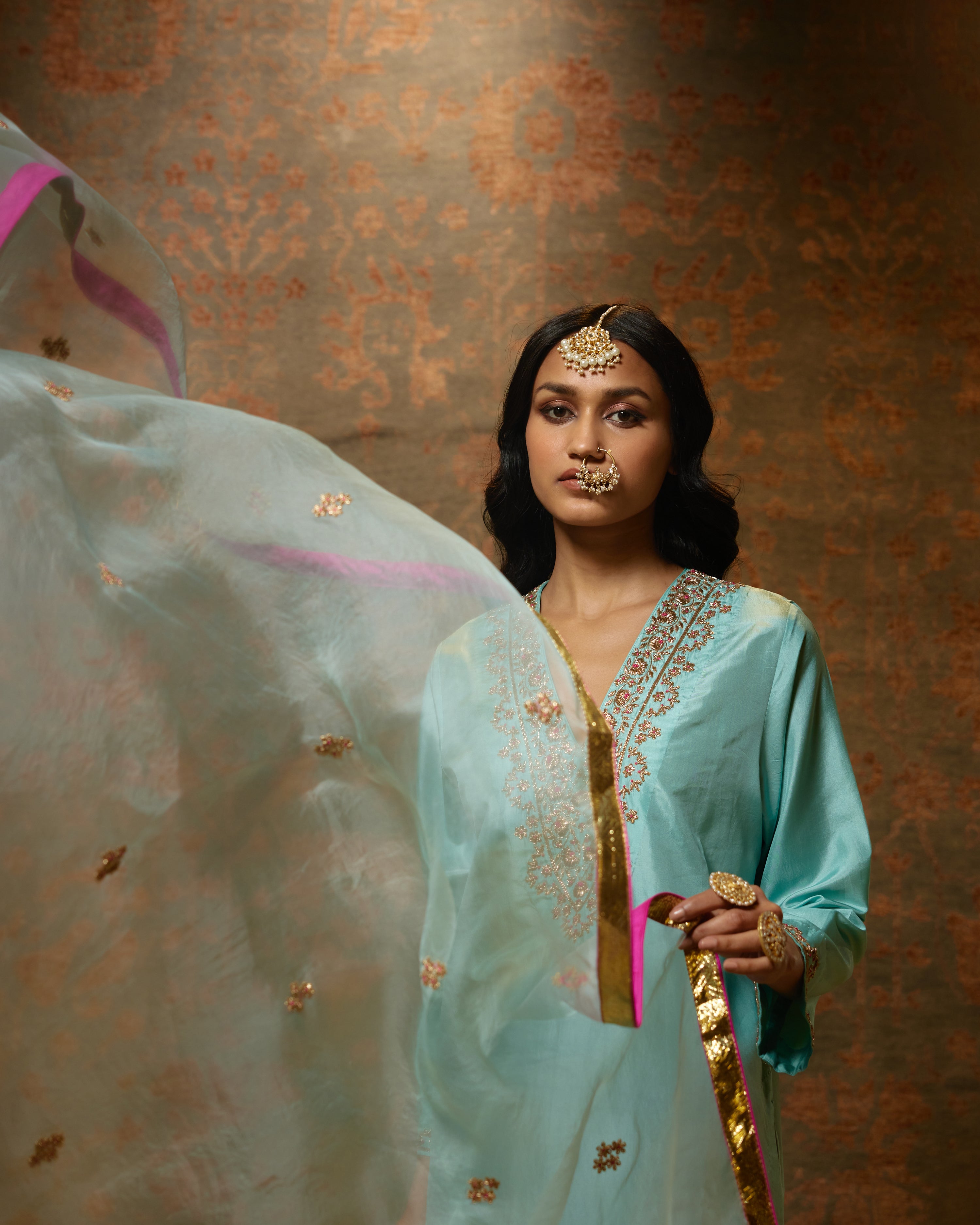 HAND EMBROIDERED DUPATTA- AQUA – BRIH